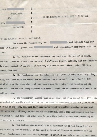 Alabama divorce complaint (1951) | Reno Divorce History
